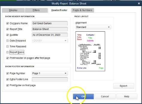 Header Footer Report Options 220 Accounting Instruction Help And How To Financial And Managerial