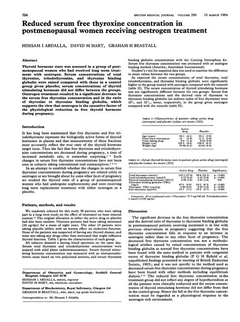 Reduced Serum Free Thyroxine Concentration In Postmenopausal Women Receiving Oestrogen Treatment