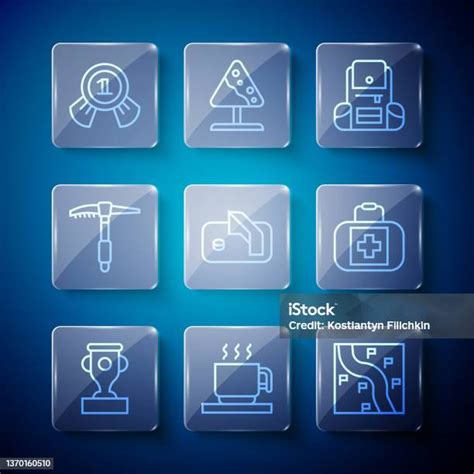 세트 라인 어워드 컵 핫 초콜릿 경로 위치 하이킹 배낭 아이스 하키 목표 도끼 메달 및 응급 처치 키트 아이콘 벡터 1에 대한 스톡 벡터 아트 및 기타 이미지 Istock