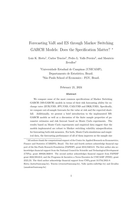 Pdf Forecasting Var And Es Through Markov Switching Garch Models Does The Specification Matter