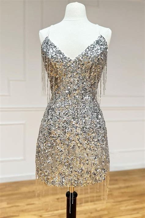 Silver Sequin V Neck Cocktail Dress With Fringes Modsele