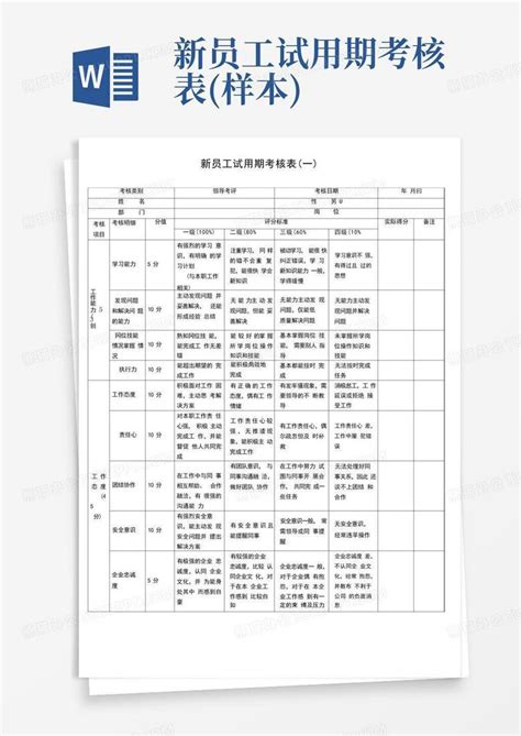 新员工试用期考核表 样本 Word模板下载 编号lebnjxbr 熊猫办公