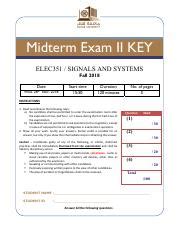 ELEC351 Midterm Exam 2 FALL 2018 KEY Pdf Midterm Exam II KEY ELEC351 SIGNALS AND SYSTEMS