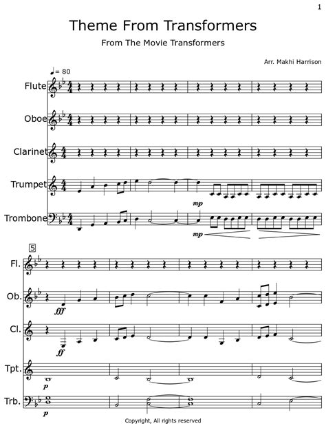 Theme From Transformers Sheet Music For Flute Oboe Clarinet