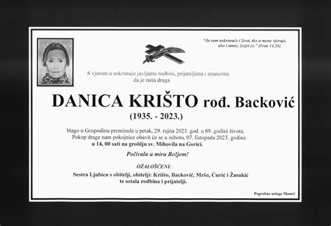Danica Krišto Rođ Backović Osmrtnice Livno