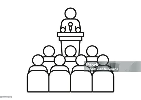 청중 관중 라인 아이콘과의 회의에서 연단 뒤에서 연설하는 렉터 남자 지도자 사업가 교사가 트리뷴에서 연설하는 사람들 관중들 앞에서 이야기합니다 벡터 마이크에 대한 스톡 벡터