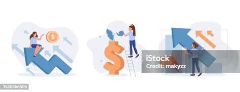 재무 성장 그림 세트 투자를 분석하고 재정적 성공과 돈 성장을 축하하는 캐릭터 돈 증가 개념 벡터 일러스트레이션 개념에 대한