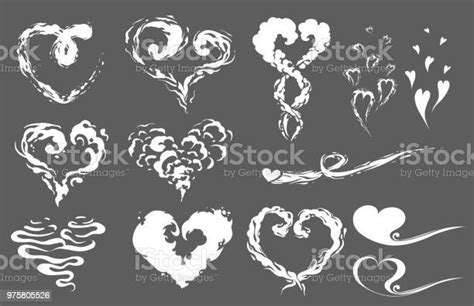 스팀 클라우드 심장 세트입니다 연기 만화 벡터 일러스트 레이 션입니다 안개 안개 퍼프 먼지 플랫 고립 된 클립 아트 디자인 효과 및 낭만주의 광고 포스터 에 대 한 2d