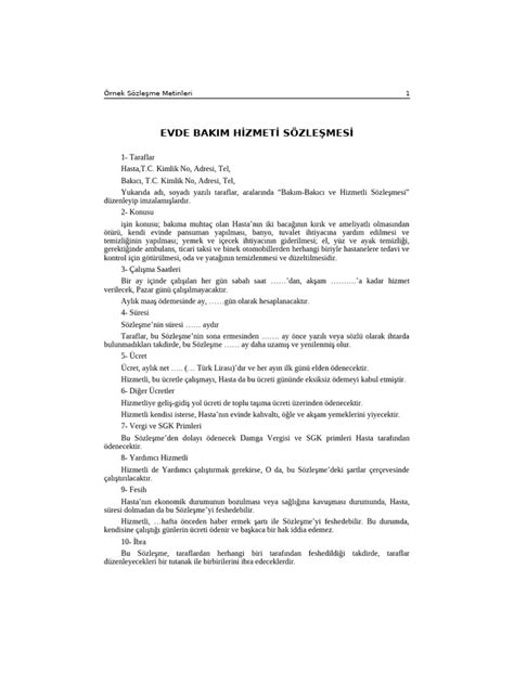 Evde Bakım Hizmeti Sözleşmesi Örneği Pdf