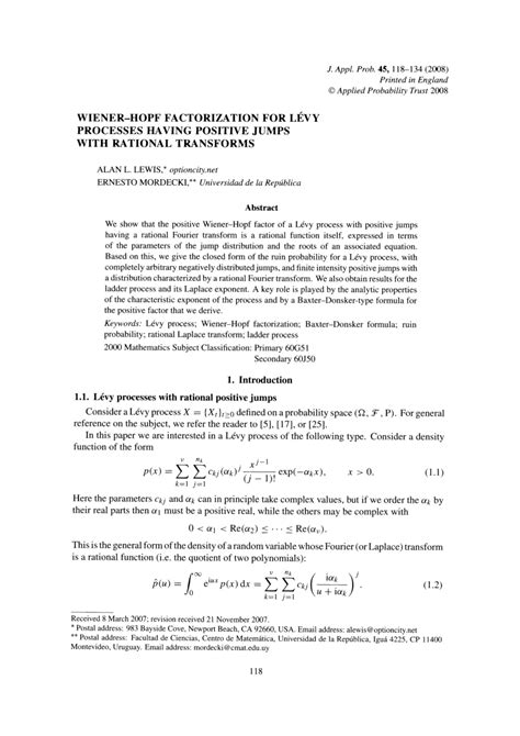 Pdf Wiener Hopf Factorization For Lévy Processes Having Positive Jumps With Rational Transforms