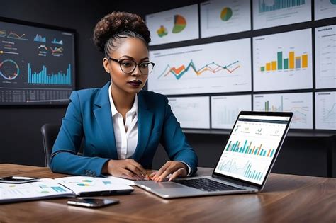 Premium Photo African Businesswoman Using Analytics Data Kpi