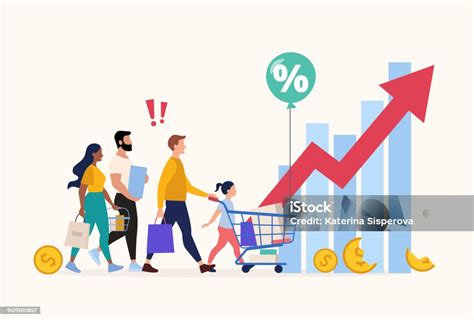 쇼핑백과 카트에 식료품을 들고 다니는 사람들과의 인플레이션 벡터 일러스트 레이 션 가격 인상 및 돈 평가 절하 문제 소비자주의에