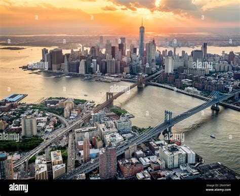 Manhatten Bridge Brooklyn Bridge Sunset Aerial View Over New York City Manhattan New York Usa