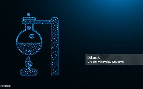 화학 실험 낮은 폴리 아이콘 과학 경험 추상 기하학적 이미지 과학 와이어 프레임 메쉬 다각형 벡터 일러스트 는 어두운 파란색 배경에 포인트와 선으로 만든 0명에 대한 스톡