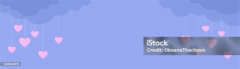 보라색 배경에 분홍색 매달린 하트와 구름의 프레임 복사 공간이 있는 발렌타인 데이 인사말 배너 평면 벡터 그림 0명에 대한 스톡 벡터 아트 및 기타 이미지 Istock