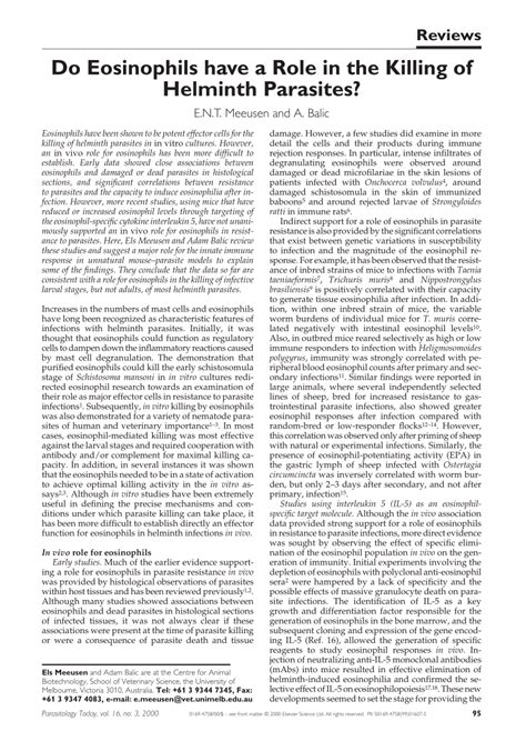 Pdf Do Eosinophils Have A Role In The Killing Of Helminth Parasites
