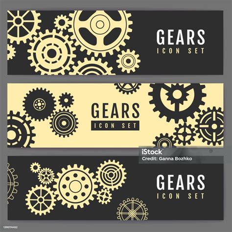 다른 기어가있는 배너 세트 톱니 바퀴 아이콘 디자인 벡터 일러스트 레이 션 기어 기계 부분에 대한 스톡 벡터 아트 및 기타 이미지 기어 기계 부분 자전거 기어 변속
