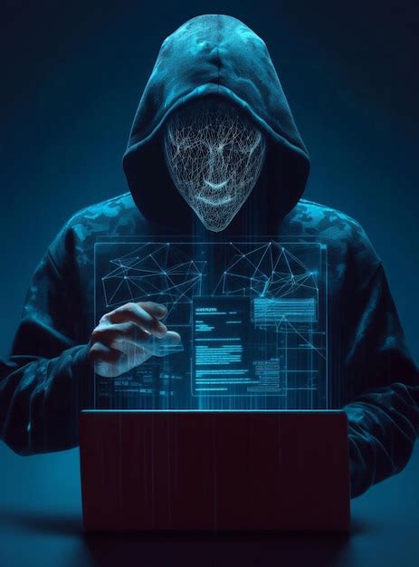 Premium Photo Hacker In Mysterious Looking Hood Is Using Hologram