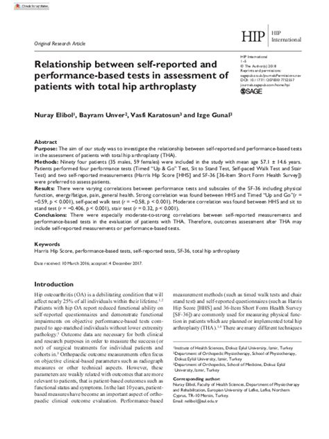 Pdf Relationship Between Self Reported And Performance Based Tests In A Hip And Knee Joint