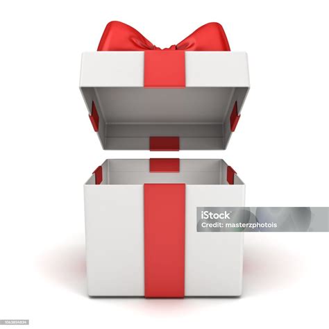 오픈 선물 상자 또는 빈 선물 상자 레드 리본 활 그림자 3d 렌더링에 고립 된 흰색 배경 선물 상자에 대한 스톡 사진 및 기타 이미지 선물 상자 0명 3차원 형태