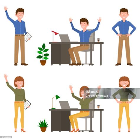 매우 행복 미소 사무실 남자와 여자 벡터 그림 서 있는 쪽 정면 손을 흔들며 인사 엉덩이에 손을 젊은 남성과 여성 만화 캐릭터 설정 흰색 사람들에 대한 스톡 벡터 아트 및