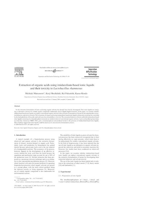 Pdf Extraction Of Organic Acids Using Imidazolium Based Ionic Liquids