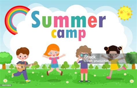 어린이 여름 캠프 배경 교육 광고 브로셔 또는 포스터를위한 템플릿 캠핑 포스터 전단지 템플릿 텍스트 벡터 일러스트레이션에서 활동을하는 행복한 아이들 여름 캠프에 대한 스톡