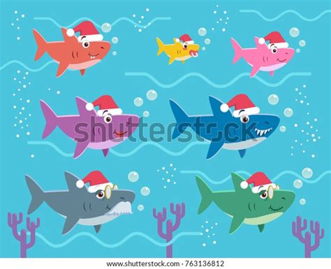 산타 모자를 쓴 상어 가족 스톡 벡터로열티 프리 763136812