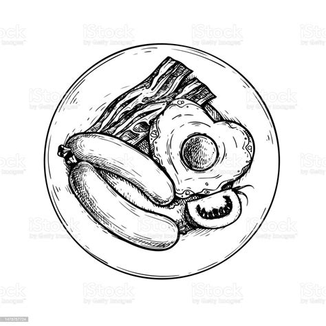 전통적인 유럽식 아침 식사 튀긴 하트 모양의 계란 베이컨 소시지 및 토마토 손으로 그린 스케치 스타일 레스토랑 및 배달 메뉴 디자인에 가장 적합합니다 벡터 그림입니다 개체