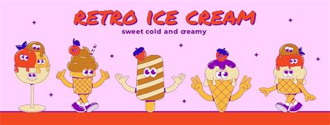 귀여운 얼굴 발 손을 가진 펑키한 다른 아이스크림 마스코트 그루비 스타일의 재미 있는 캐릭터 디저트 배너 밝은 색상의 벡터 초현실주의 그림 맛이 가미된 빙과에 대한 스톡