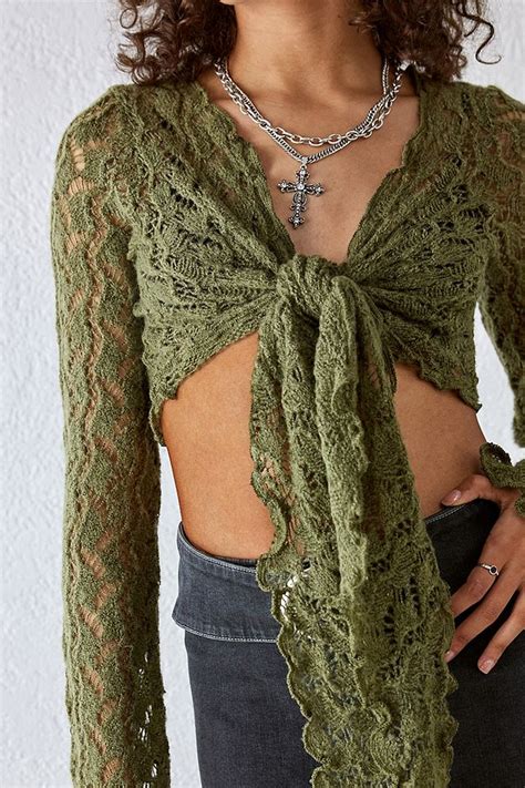 Uo Cobweb Knit Tie Front Top Urban Outfitters Uk