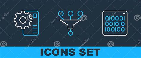set line binary code neural network and funnel filter icon vector stock illustration