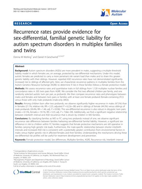 Pdf Recurrence Rates Provide Evidence For Sex Differential Familial