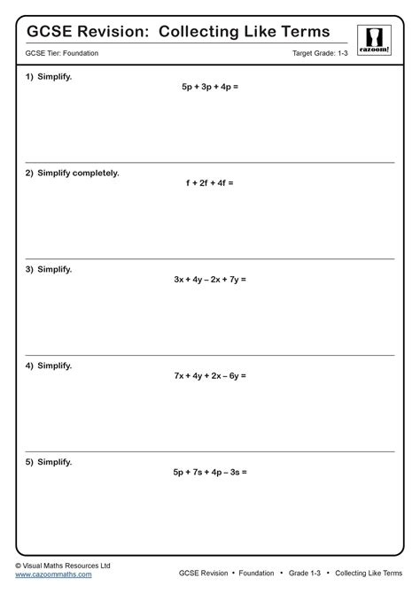 Collecting Like Terms Gcse Questions Gcse Revision Questions