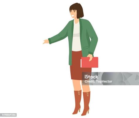 클립보드를 들고 있는 여자 여자 직원이 손에 서류를 들고 서 있다 소녀는 무언가를 가리킨다 가득 찬에 대한 스톡 벡터 아트 및 기타 이미지 Istock