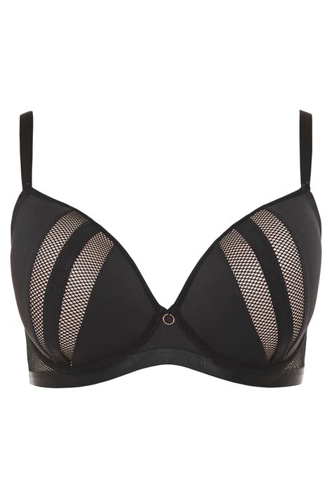 Black Mesh Panelled Padded Underwired Plunge Bra Yours Clothing