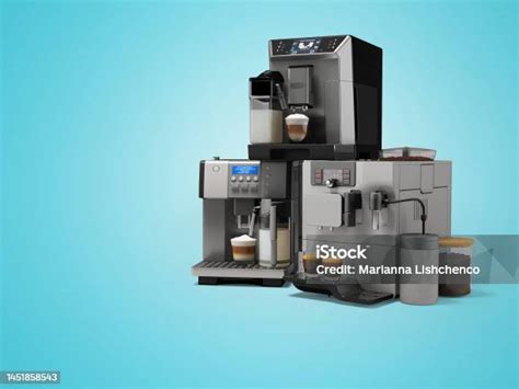 그림자가 있는 파란색 배경에 카푸치노 메이커가 있는 전문 자동 커피 머신의 3d 그림 그룹 세트 0명에 대한 스톡 사진 및 기타 이미지 Istock