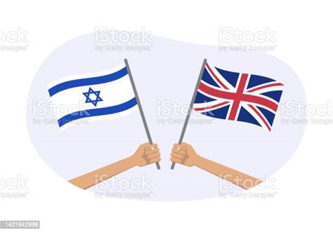 영국과 이스라엘 국기 미국과 이스라엘의 국가 상징 흔들리는 깃발을 들고 있는 손 벡터 일러스트레이션 곡선에 대한 스톡 벡터 아트 및 기타 이미지 Istock