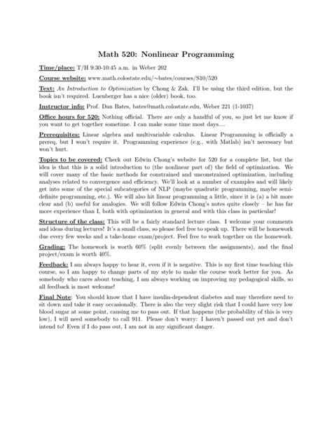 Math 520 Nonlinear Programming