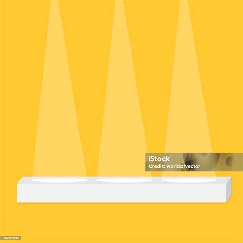 무대 연단 테이블 책상 서 3 스포트 라이트에 의해 조명 디스플레이 대 한 빈 주 춧 대입니다 디자인에 대 한 3 차원 현실 플랫폼입니다 격리 노란색 배경입니다 템플릿입니다