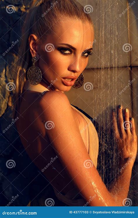 Girl With Blond Hair Taking Shower On Beach Stock Image Image Of