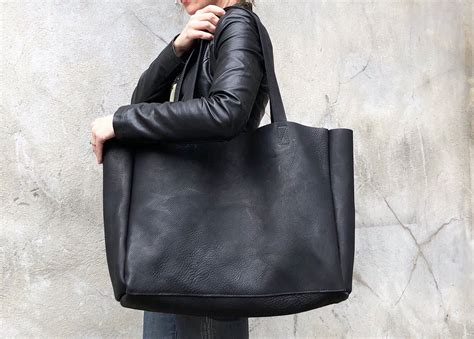 Extra Large Black Leather Tote Bag Handmade Work And Travel Computer Bag