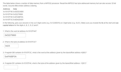 The Table Below Shows A Section Of Data Memory From A