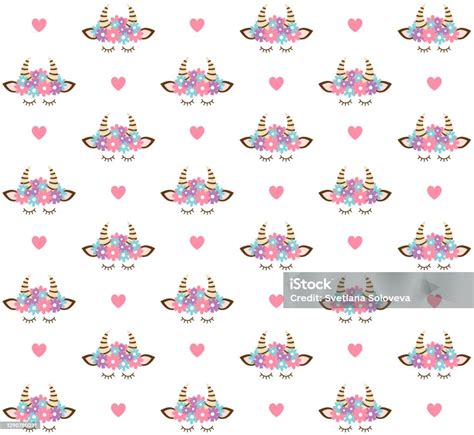 플랫 만화 색깔의 소 얼굴 머리와 마음의 벡터 원활한 패턴 2021년에 대한 스톡 벡터 아트 및 기타 이미지 2021년 가축 귀여운 Istock