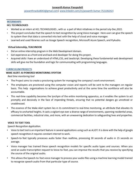 Jaswanths Resume Pdf Speech Recognition Machine Learning
