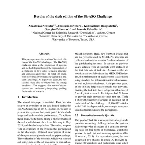 Results Of The Sixth Edition Of The Bioasq Challenge Acl Anthology