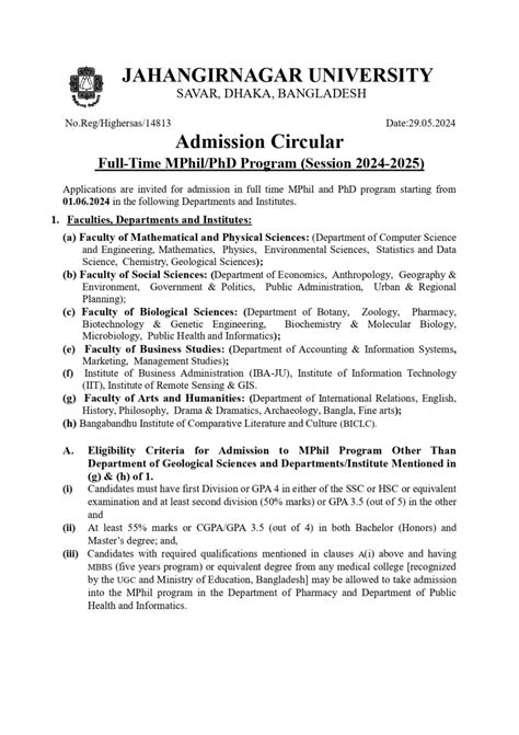 Hafizur Rahman On Linkedin Admission Circular For Full Time Mphil Phd Program Session 2024 2025