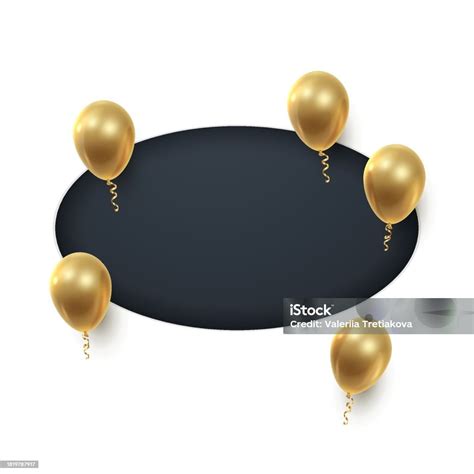 사실적인 황금 풍선 리본 뱀 색종이 조각 및 검은 종이 컷 타원이 있는 포스터 카드 파티 디자인 전단지 포스터 장식 배너 웹