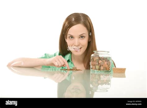 Woman Counting Coins Portrait Stock Photo Alamy