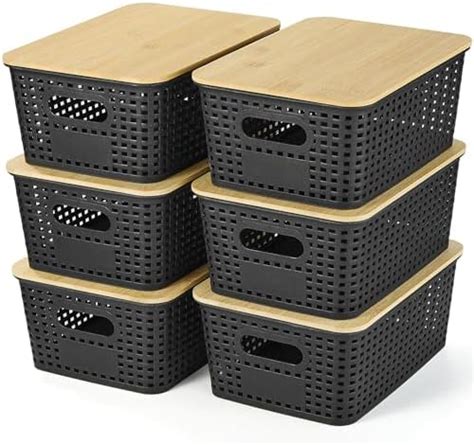 6 Pcs Storage Bins With Bamboo Lids Plastic Storage Containers With Lids Stackable Storage Box